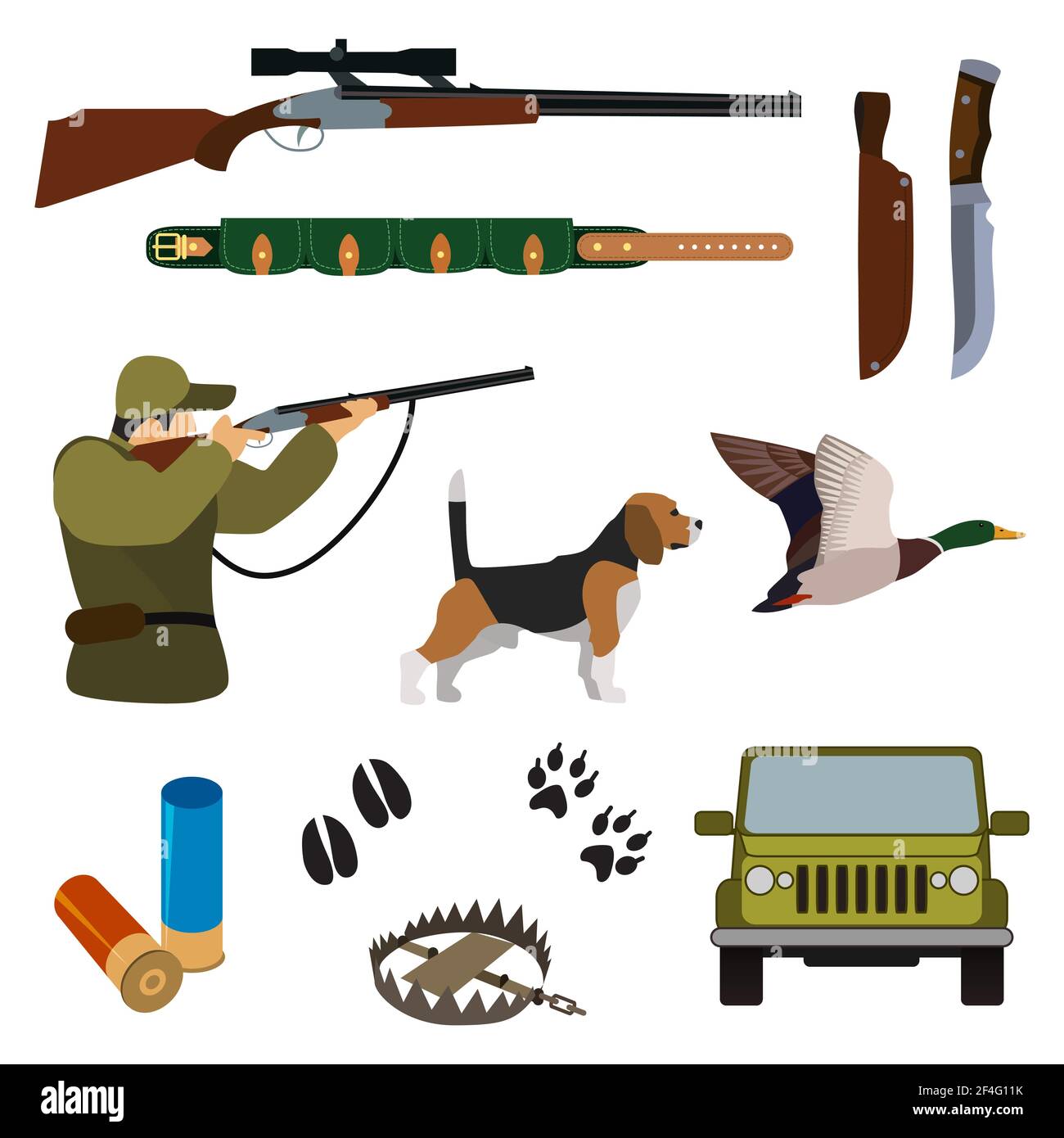 Flat hunting set. Isolated colored objects on white background. Vector ...