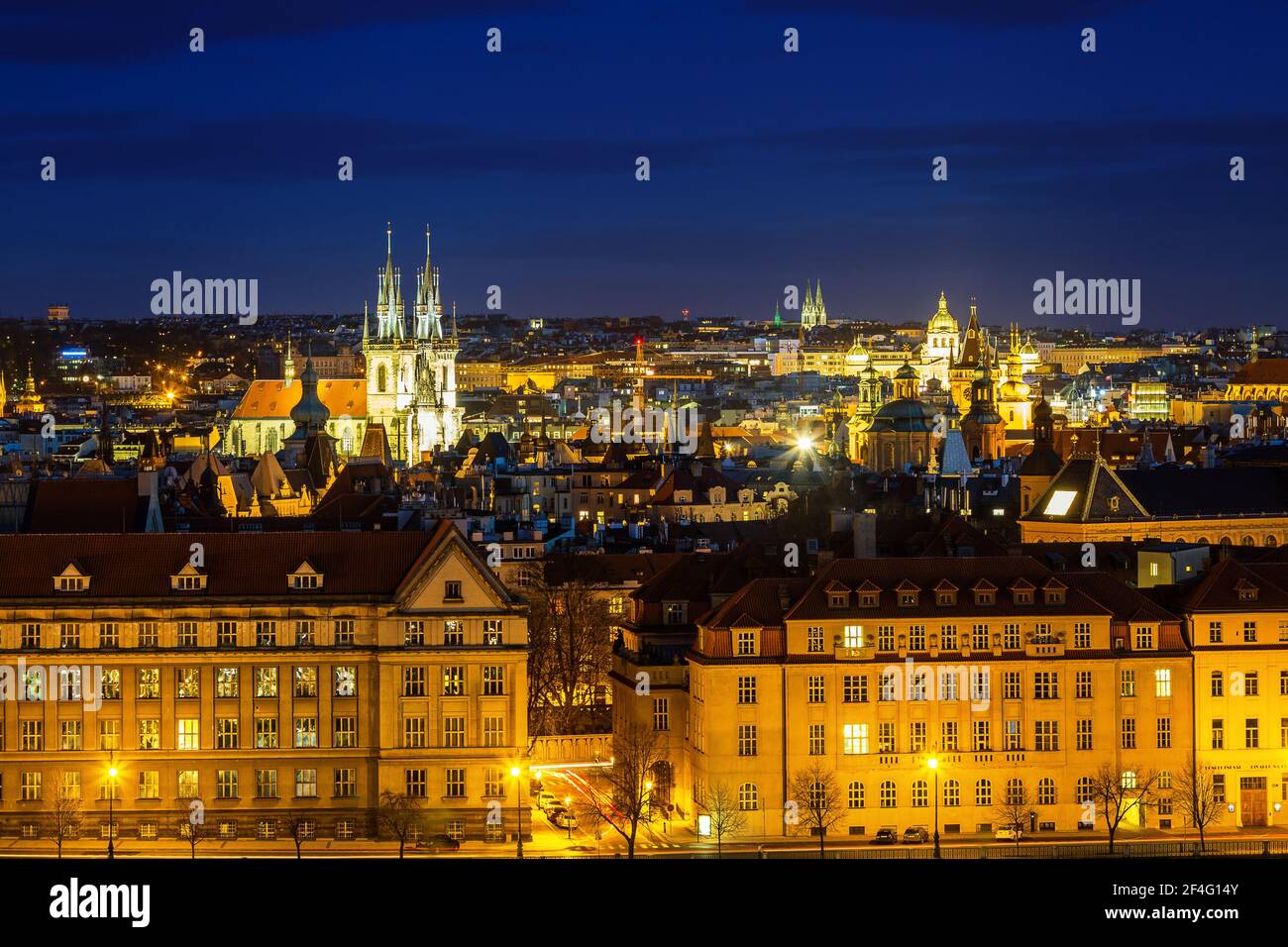 Night Prague. View of the old town and illuminated landmarks above the ...