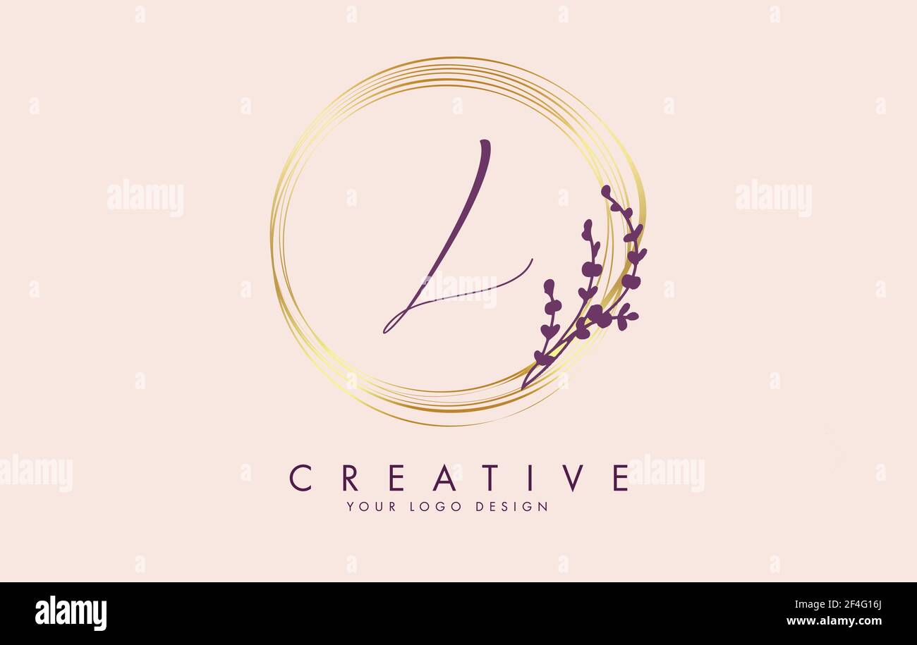Handwritten L Letter logo design with golden circles and white leaves ...