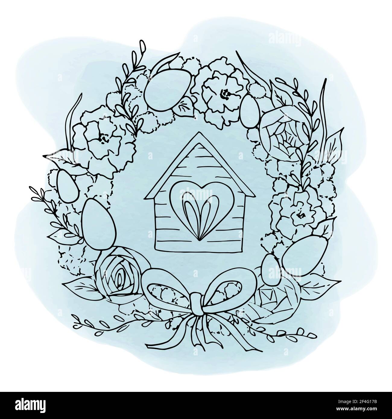 Scetch of Easter wreath of flowers decorated with painted eggs, ribbon ...