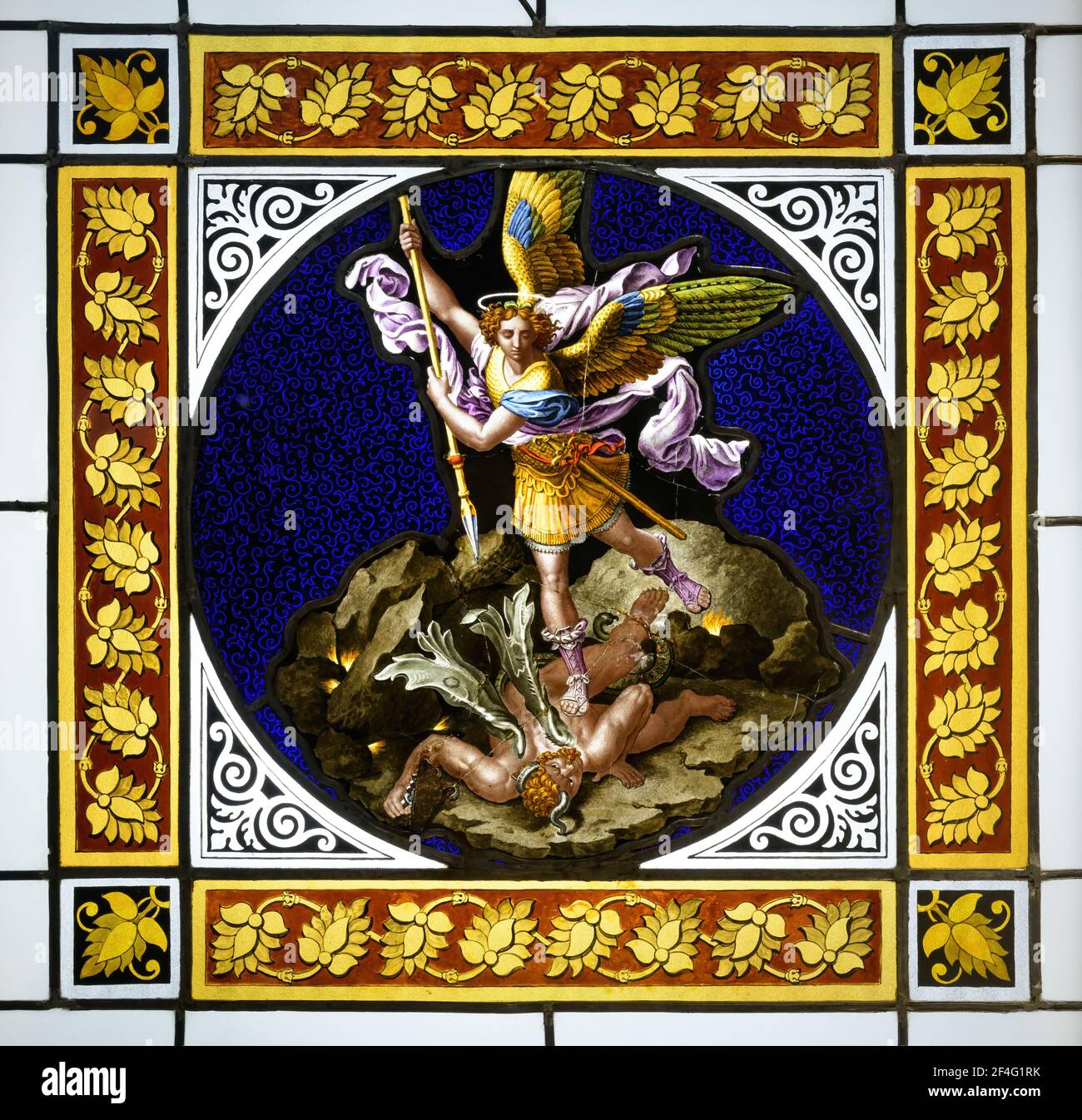 Stained glass window with St. Michael Vanquishing Satan scene by ...
