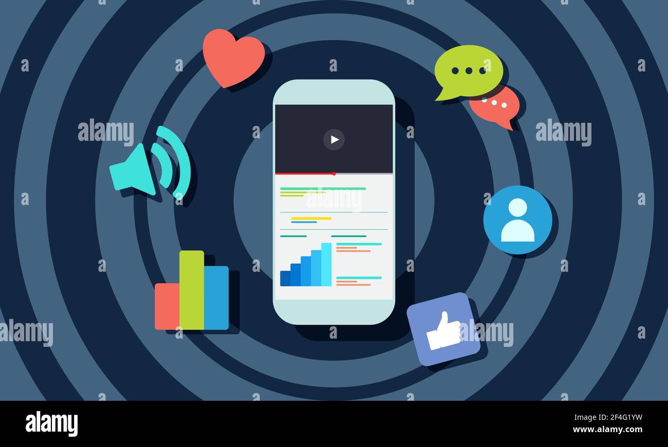 mobile video with icons. social media post and sharing concept. vector ...