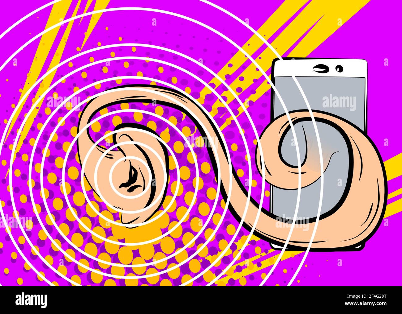 Ear coming out from a smart phone and listening. Comic book cartoon ...