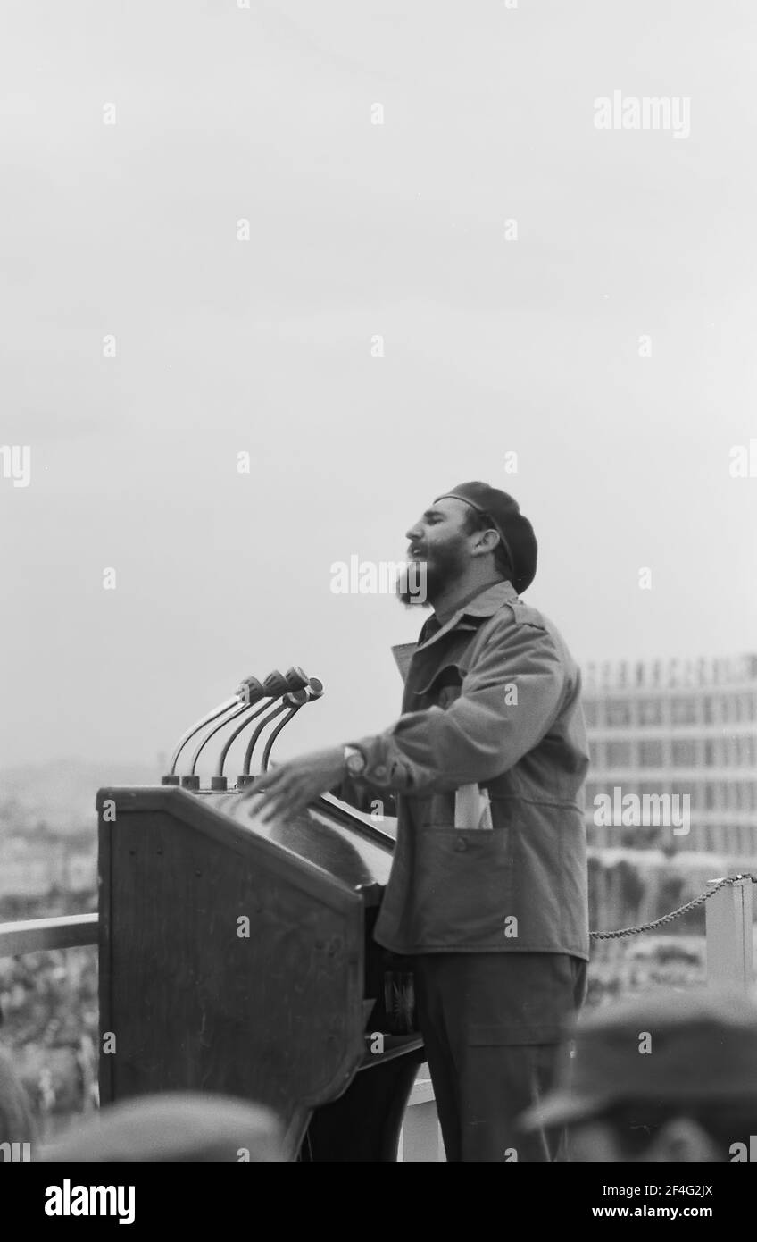 Cuban leader Fidel Castro delivers a speech from a podium, Havana, Cuba ...