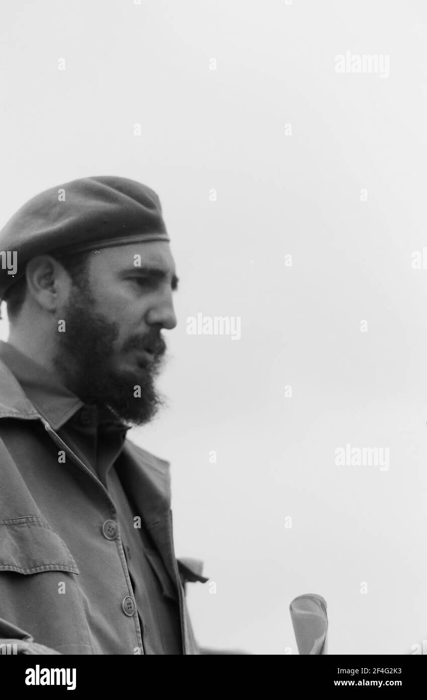 Cuban leader Fidel Castro delivers a speech from a podium, Havana, Cuba ...