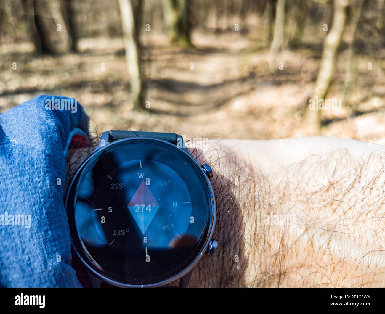 Compass on a smartwatch used for orienteering activity Stock Photo - Alamy