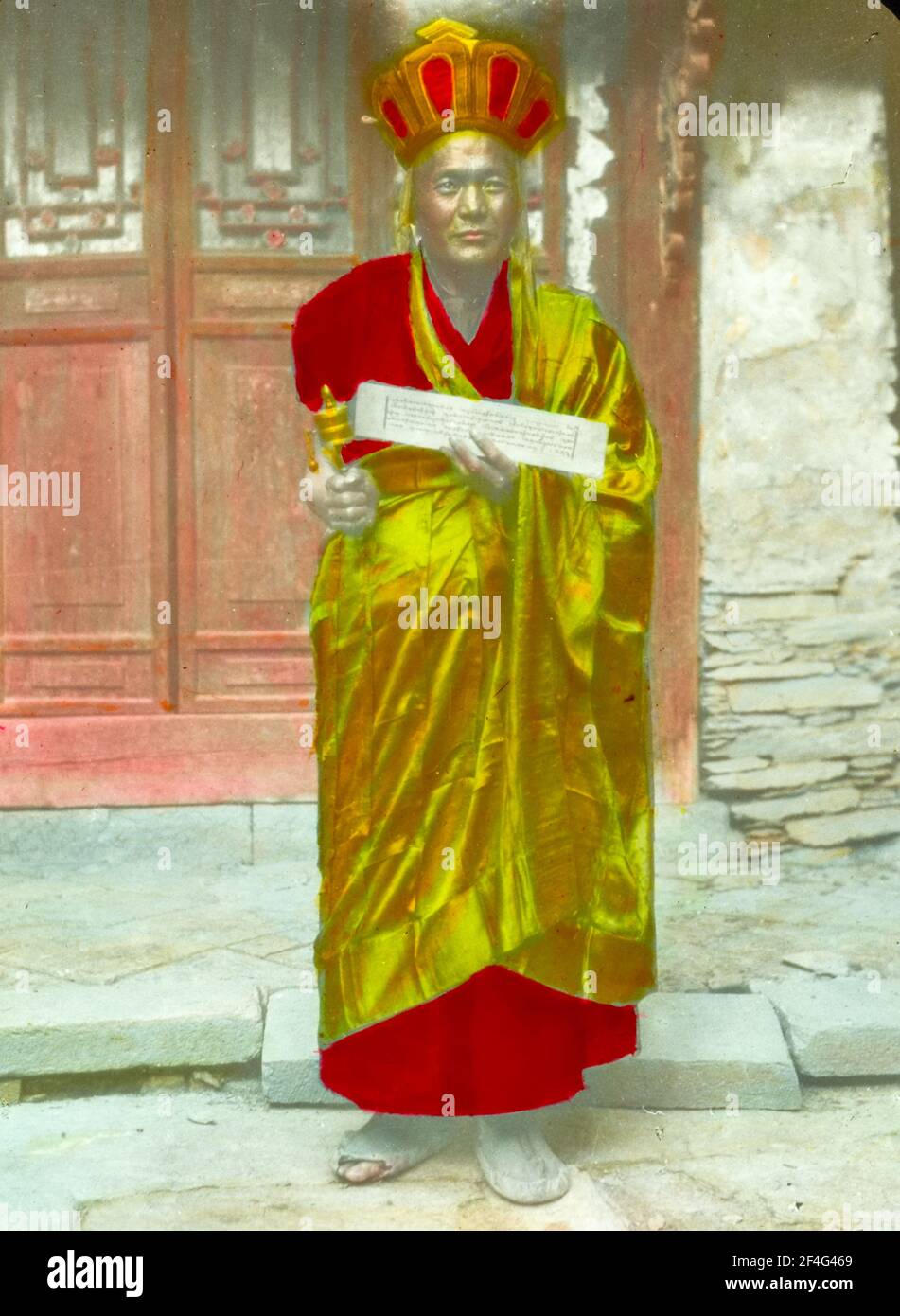 Full-length view of Lama, or Tibetan Buddhist teacher, standing near a ...