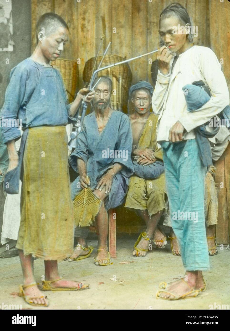 Full-length profile view of a pipe vendor serving a customer, with a ...