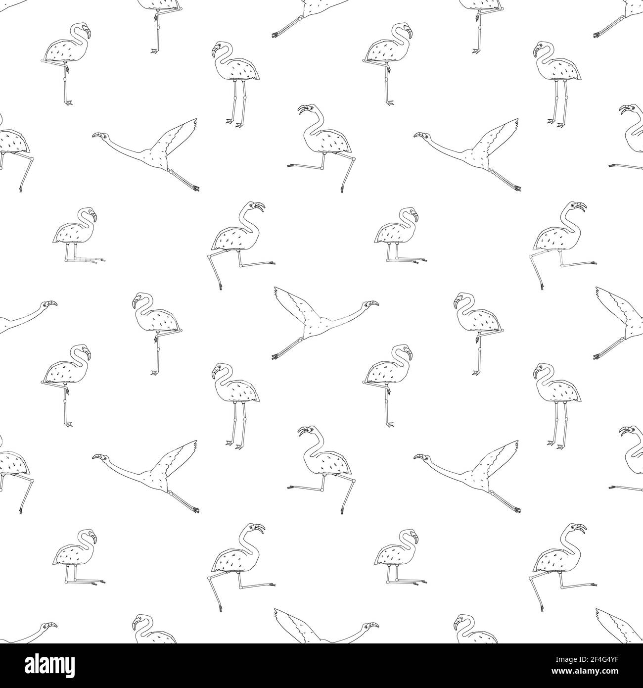 Seamless repeat outline cartoon Doodle flamingos pattern isolated on ...