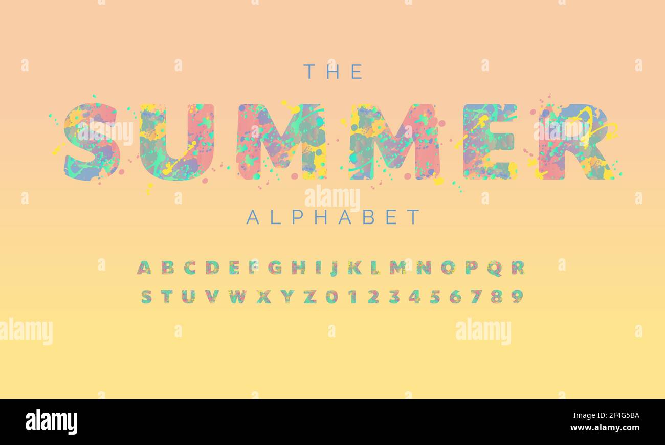 Vector alphabet with multicolored spots of paint on peach yellow ...