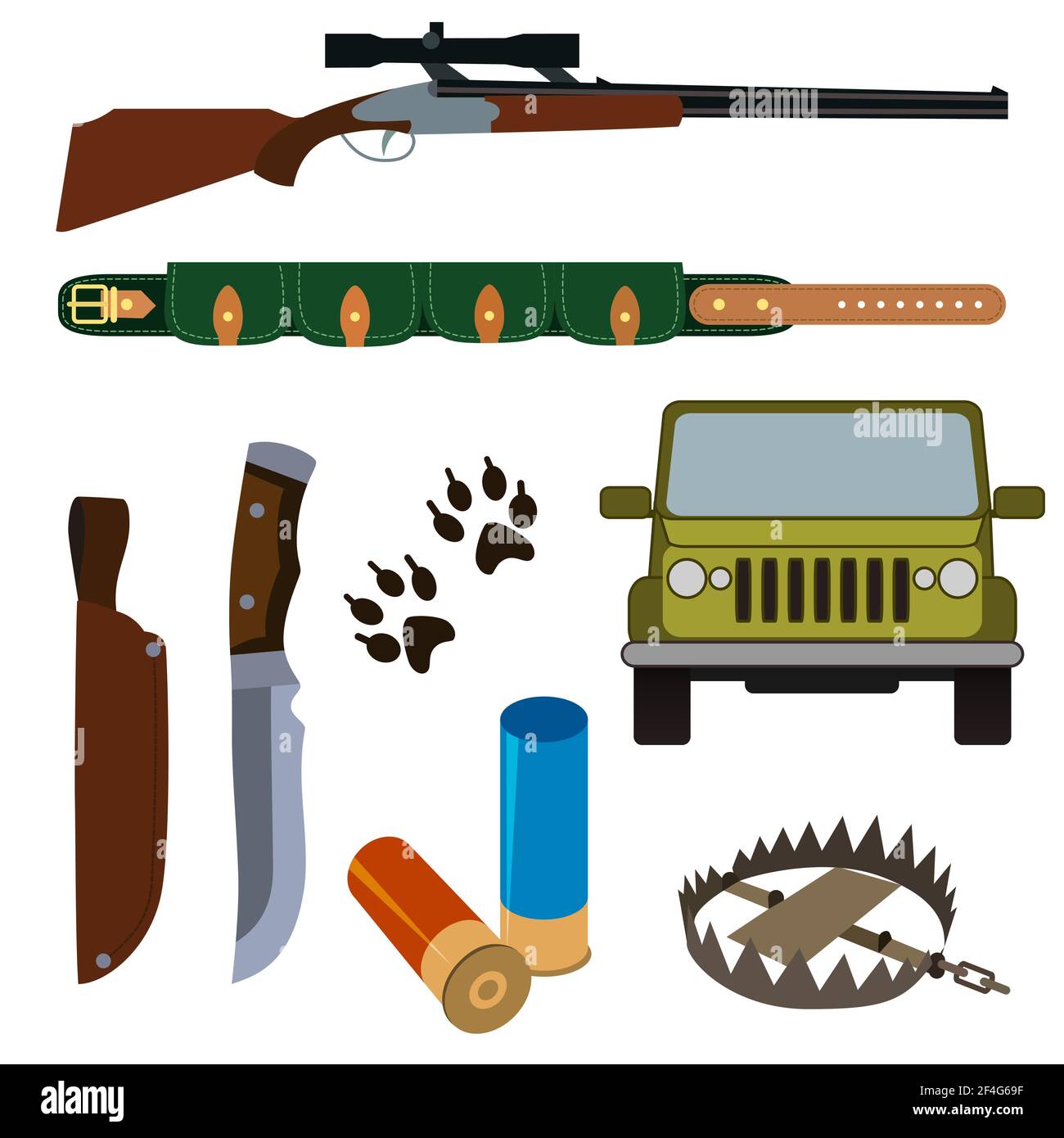Flat colored hunting icons set of isolated objects on white background ...