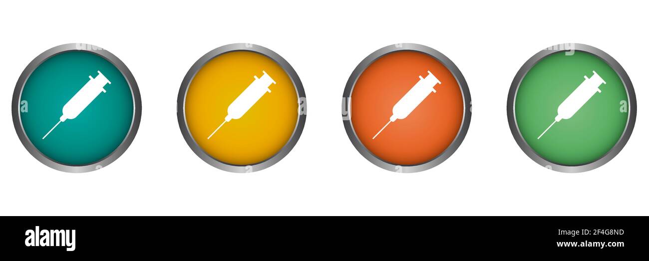 Medicine injection vector icon metal edge, flat design round web button ...