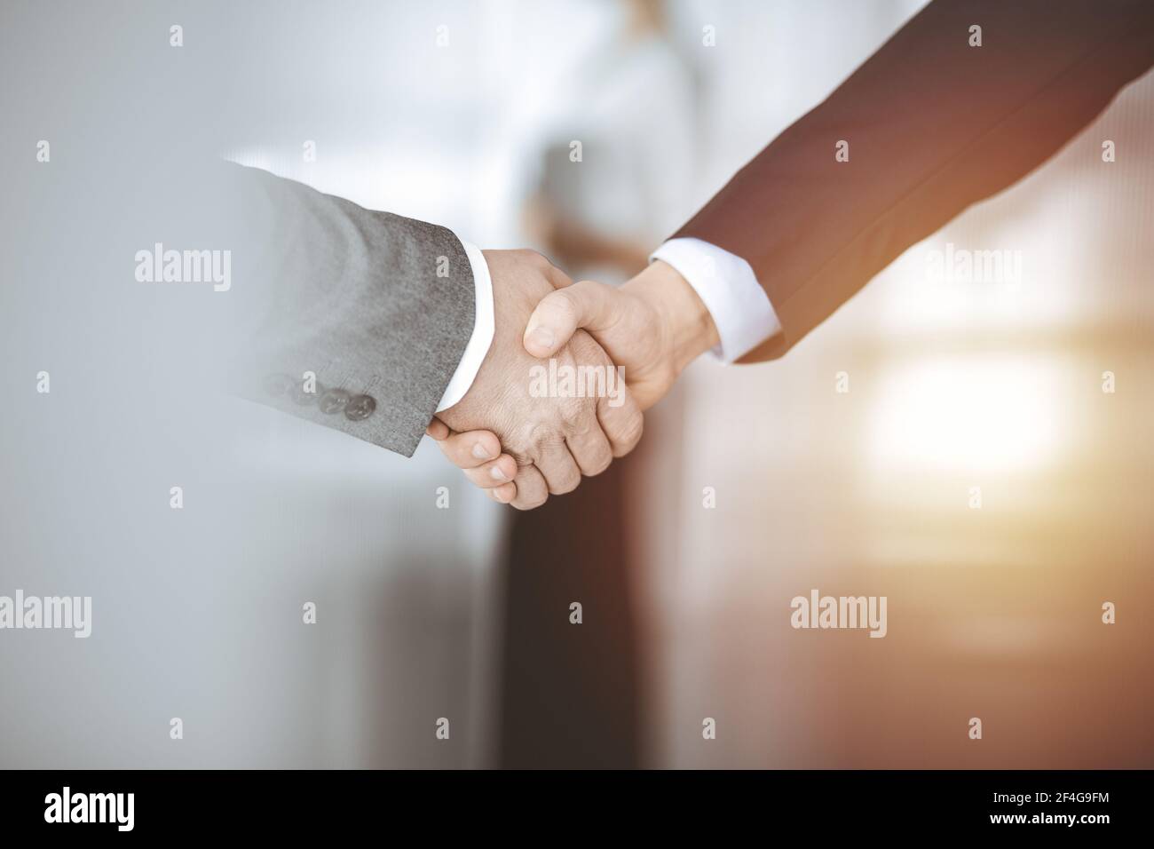 Business people standing and shaking hands in sunny office, close-up. Handshake and marketing ...