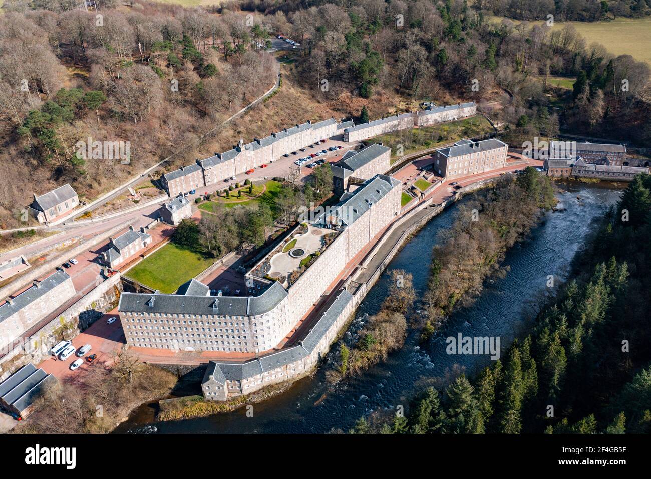 Aerial view of New Lanark conservation village in Lanark, South ...