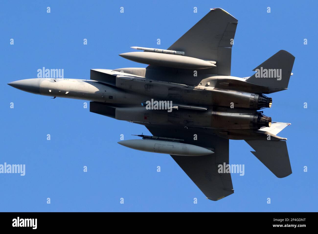 US Air Force F-15 Eagle fighter jet in flight over Leeuwarden Air Base ...