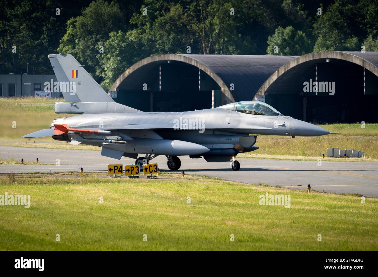 Belgian Air Force F-16 fighter jet plane taxiing to the runway at ...