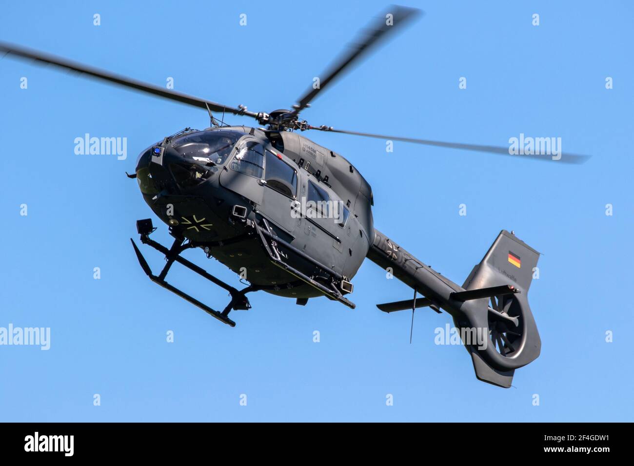 German Air Force Airbus H145M military utility in flight over Fliegerhorst Jagel. Germany ...