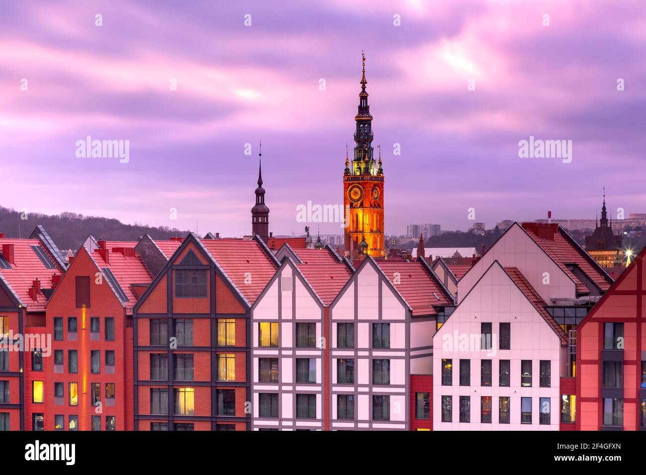 Aerial view of Town Hall at sunset in Old Town of Gdansk, Poland Stock ...