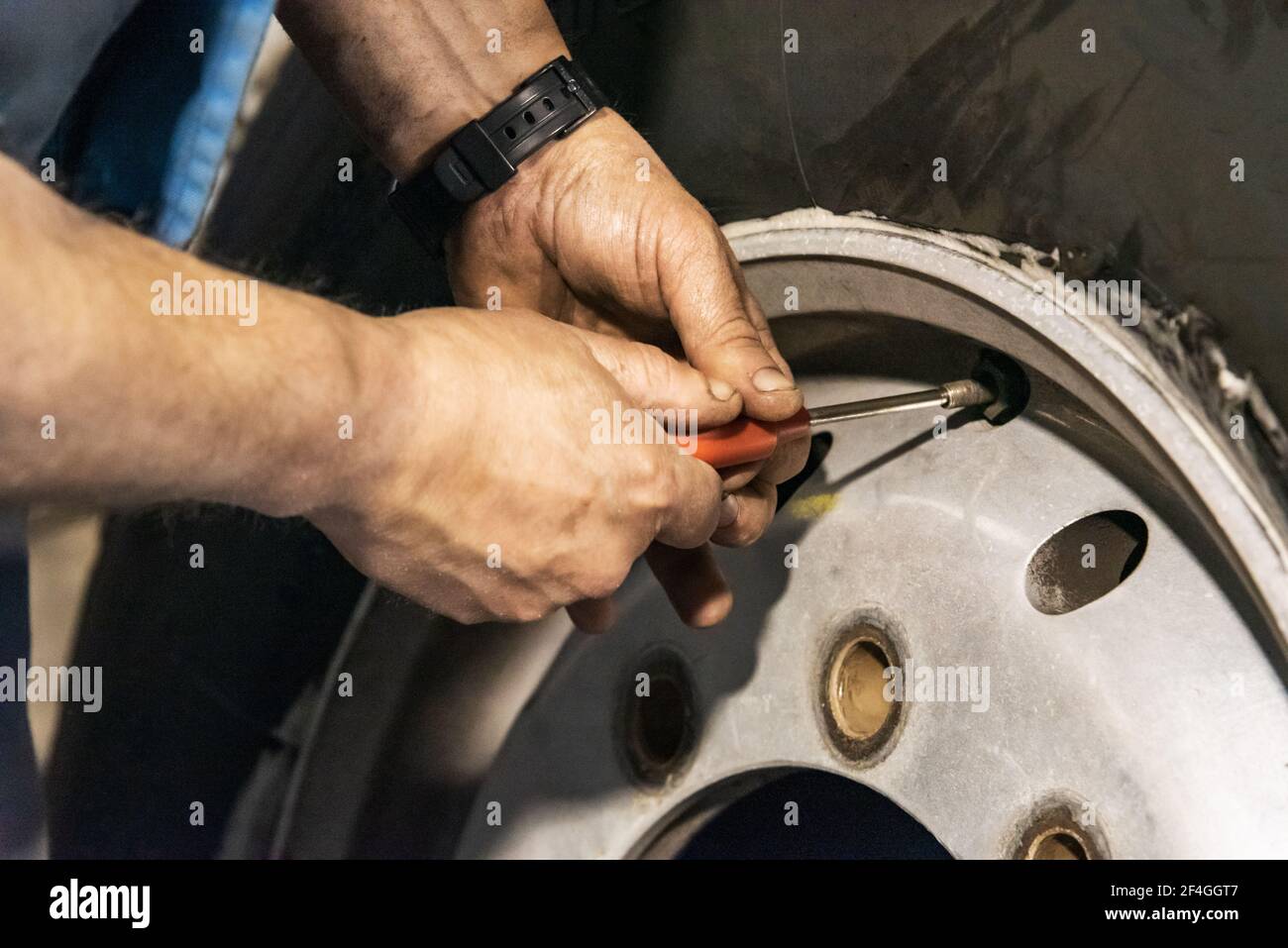 Tire workshop operator placing valve on wheel Stock Photo - Alamy
