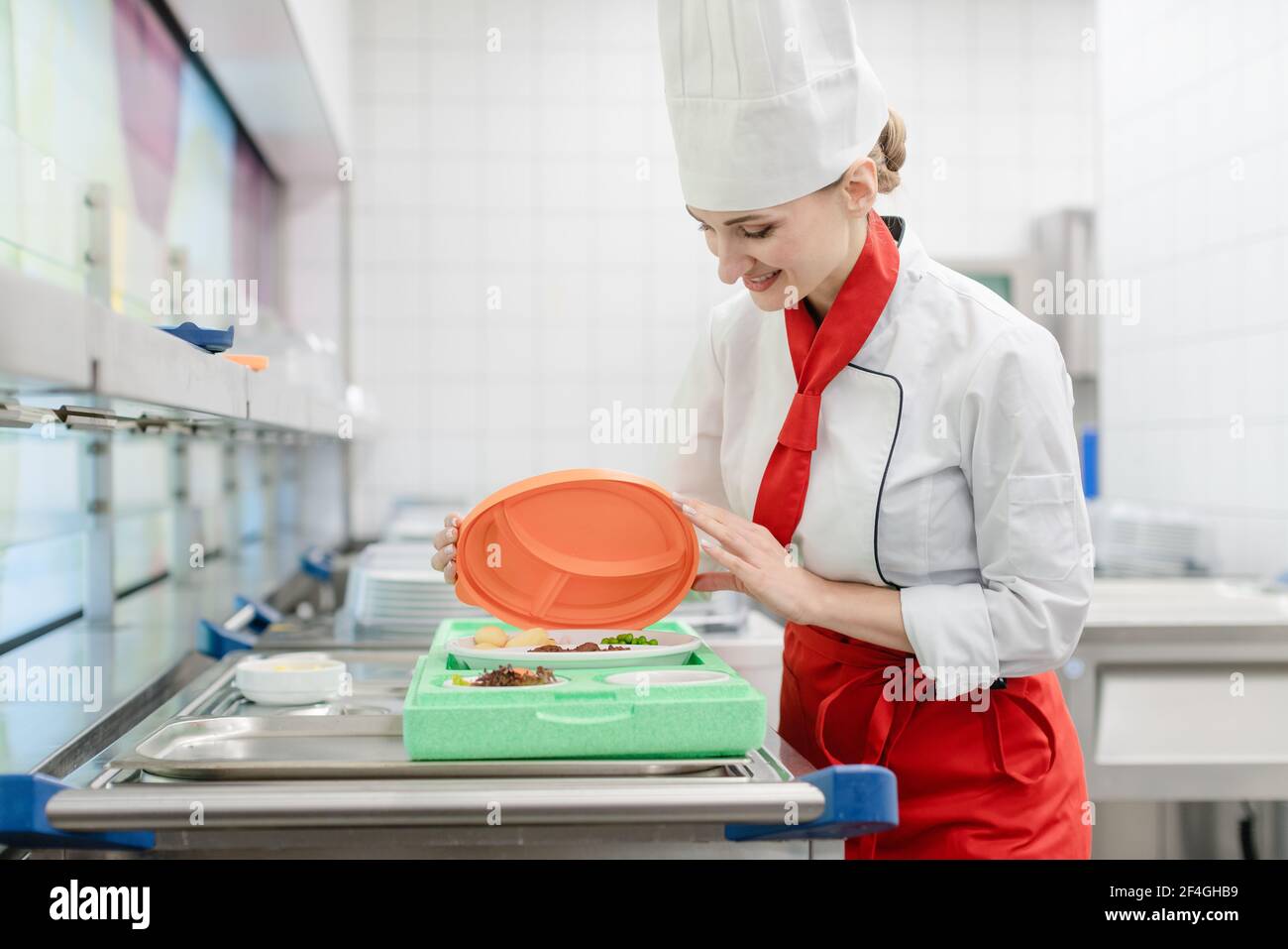 Chef in commercial kitchen preparing meal for delivery Stock Photo - Alamy