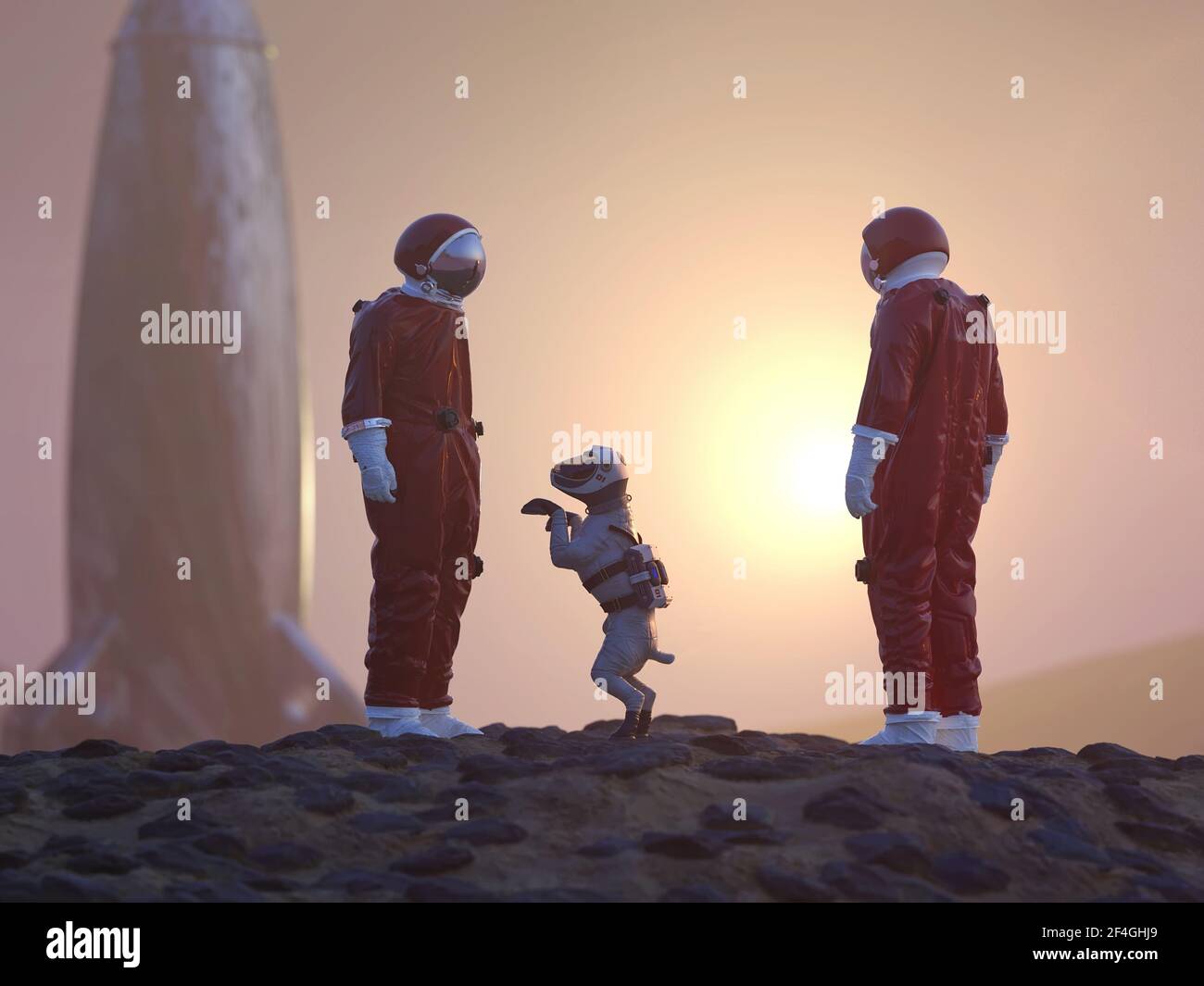 two astronauts and a dog on the surface of Mars Stock Photo - Alamy