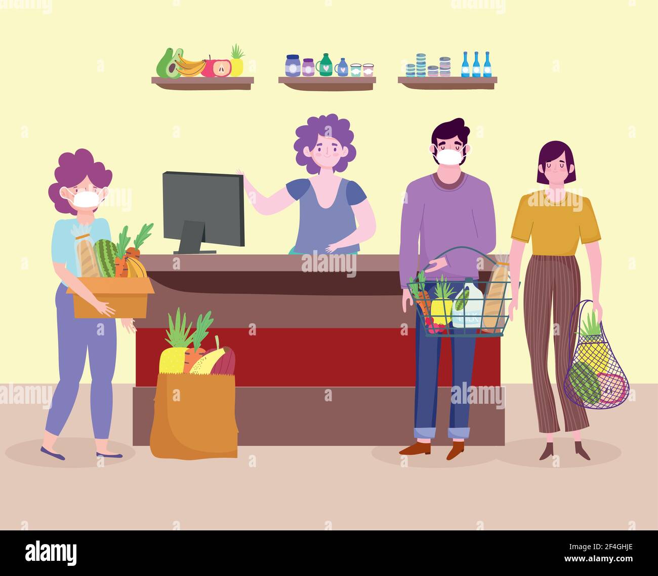 grocery shop food queues people Stock Vector Image & Art - Alamy