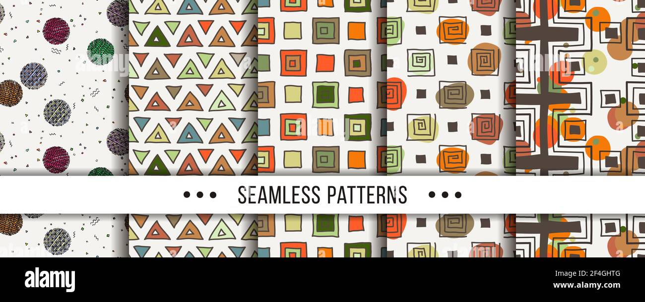 Cute collection of doodle hipster seamless patterns. Ornament set for your design, wallpaper ...