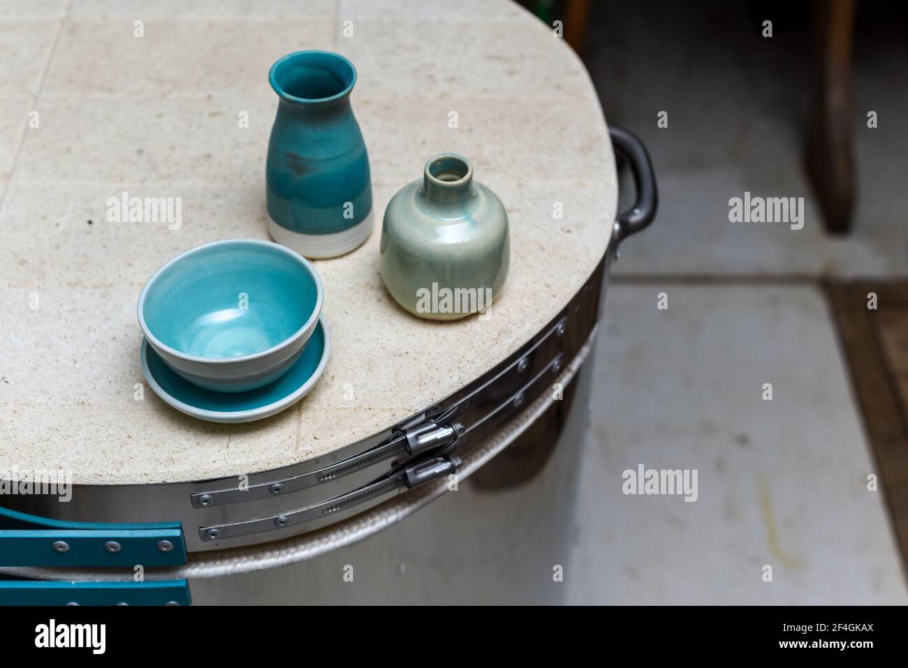 Collection of finished ceramics products made from clay by hand ...