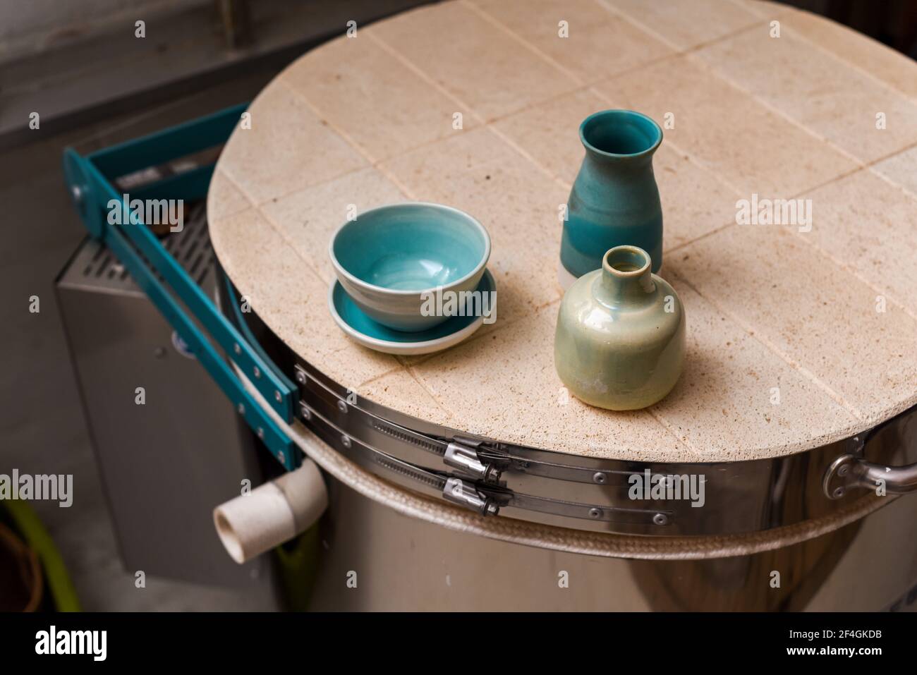 Collection of finished ceramics products made from clay by hand ...