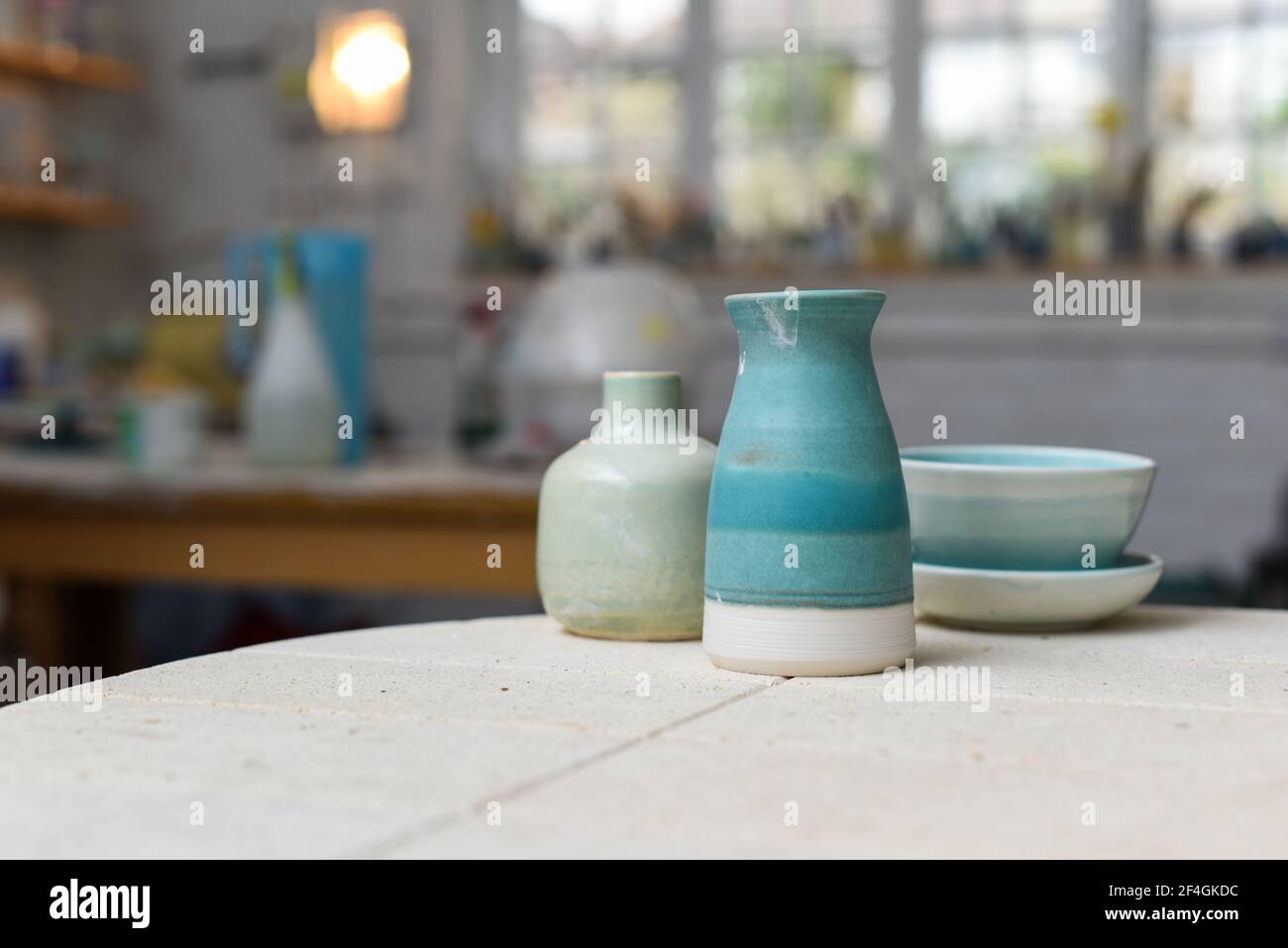 Collection of finished ceramics products made from clay by hand ...