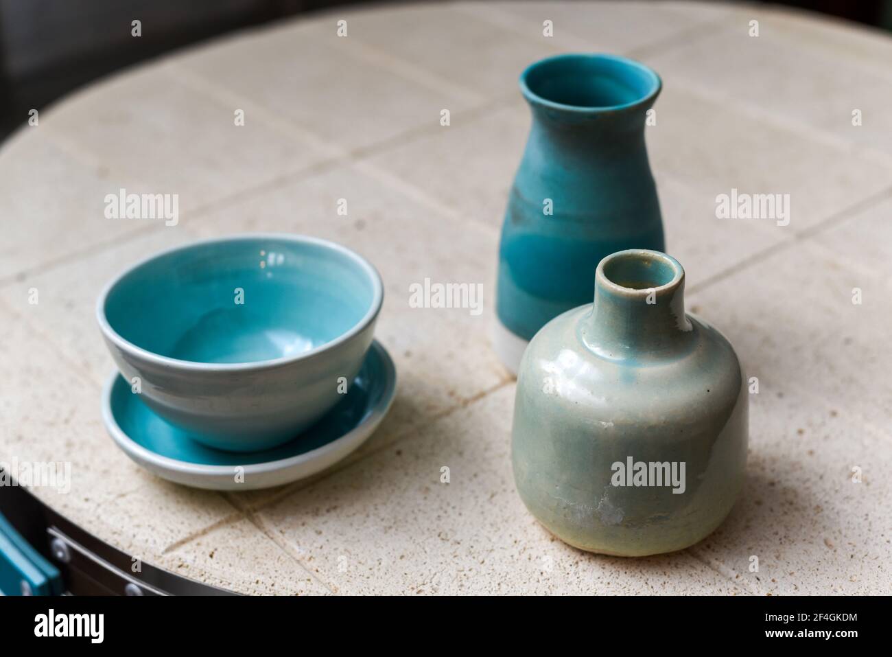 Collection of finished ceramics products made from clay by hand ...