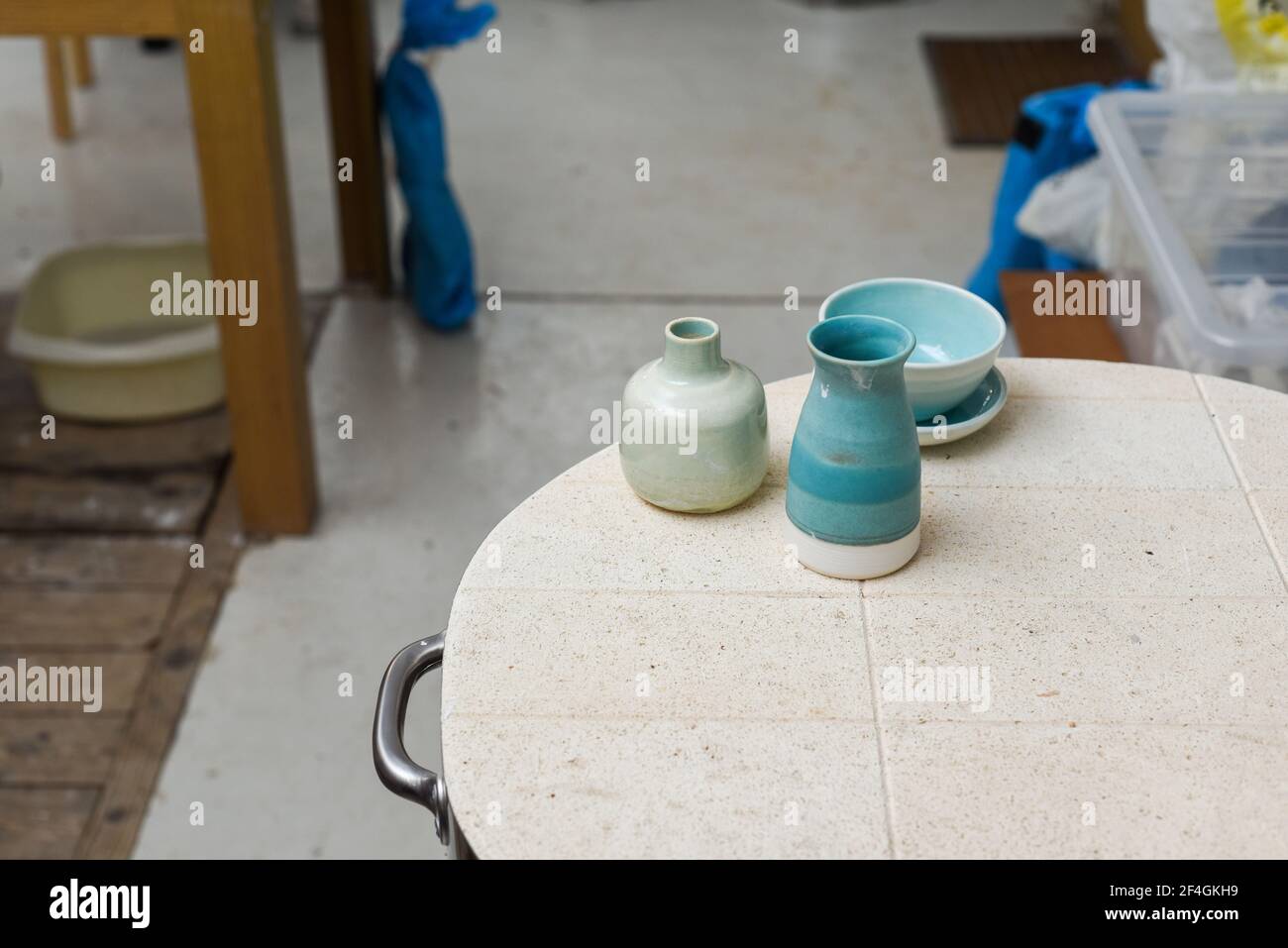 Collection of finished ceramics products made from clay by hand ...