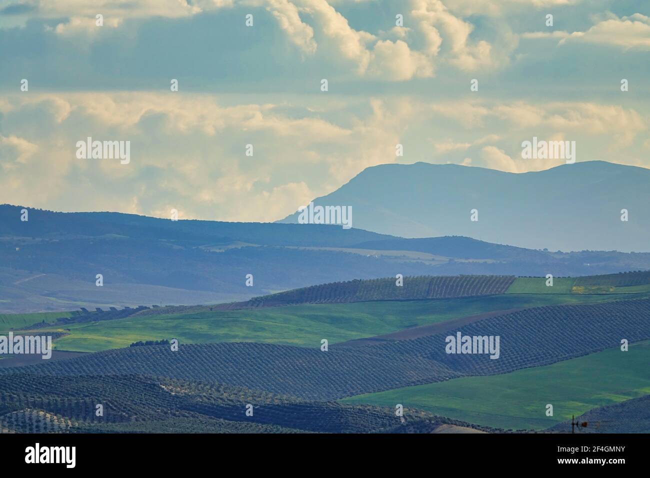 Panoramic view of the fertile plain of Granada (Spain) between hills ...