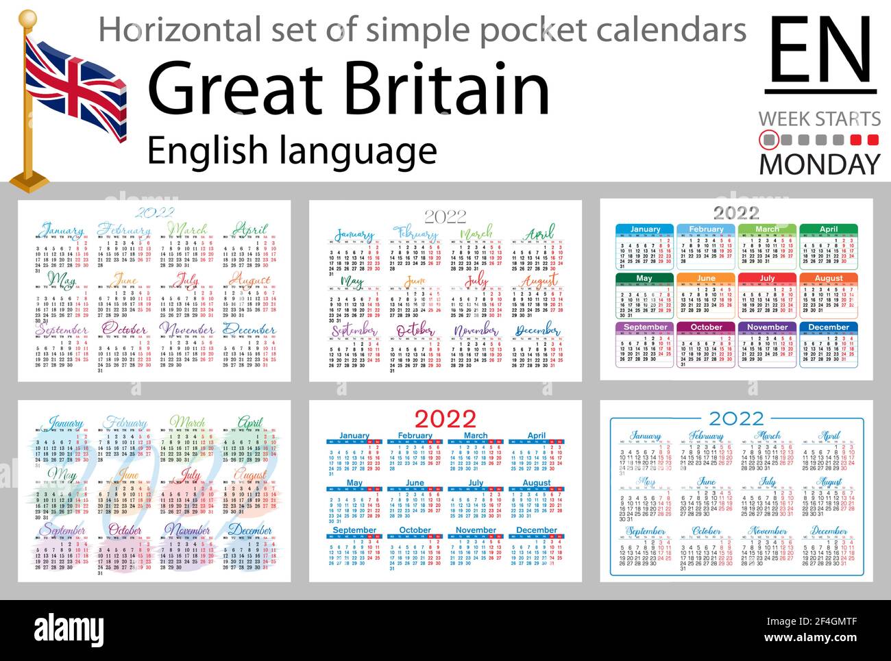 English horizontal set of pocket calendars for 2022 (two thousand ...
