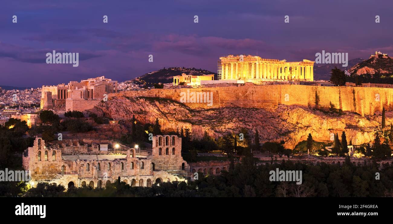Panorama of Athens with Acropolis hill at dramatic sunset, Greece. The ...