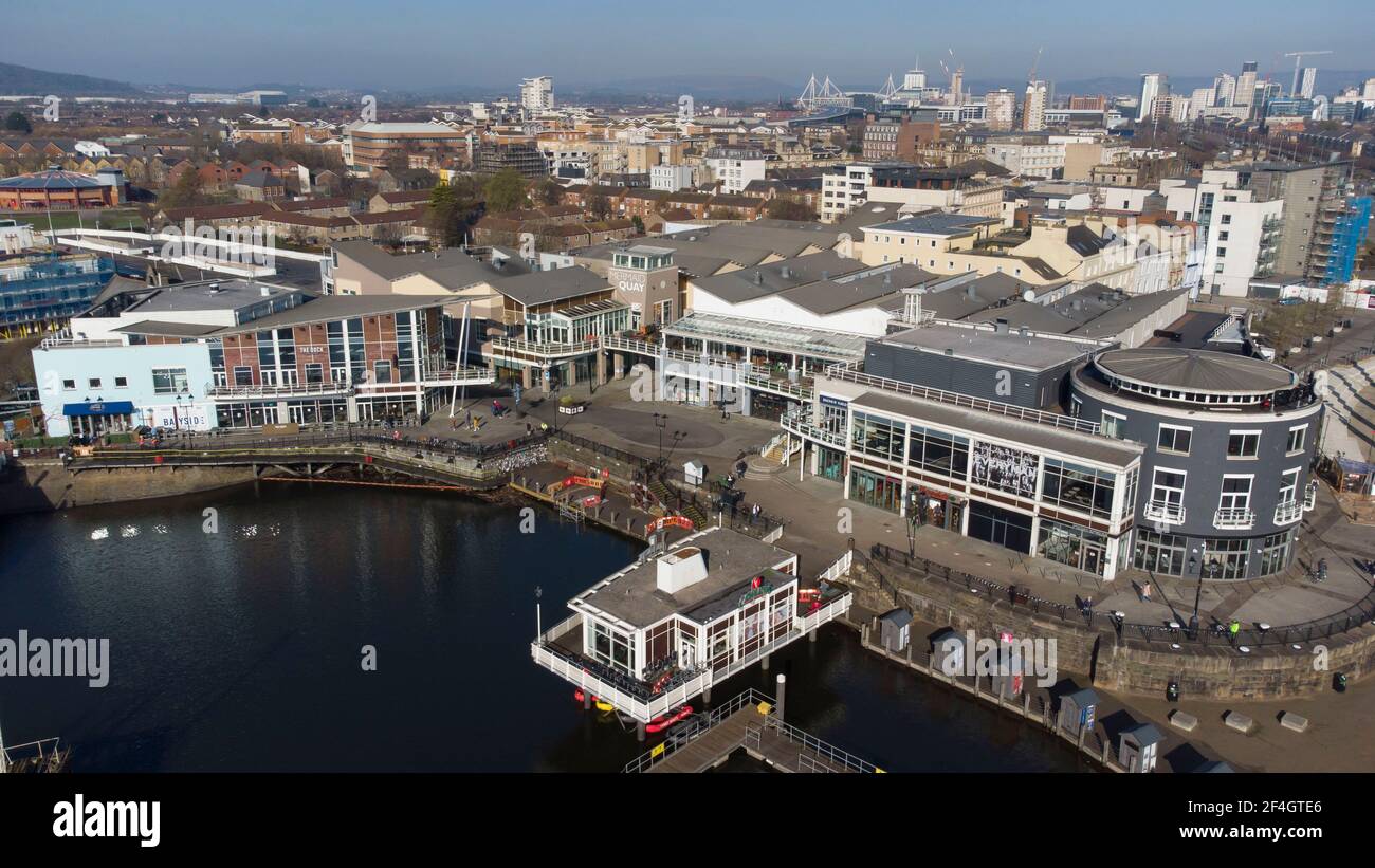 An aerial view of Mermaid Quay in Cardiff Bay, Cardiff, Wales Stock ...
