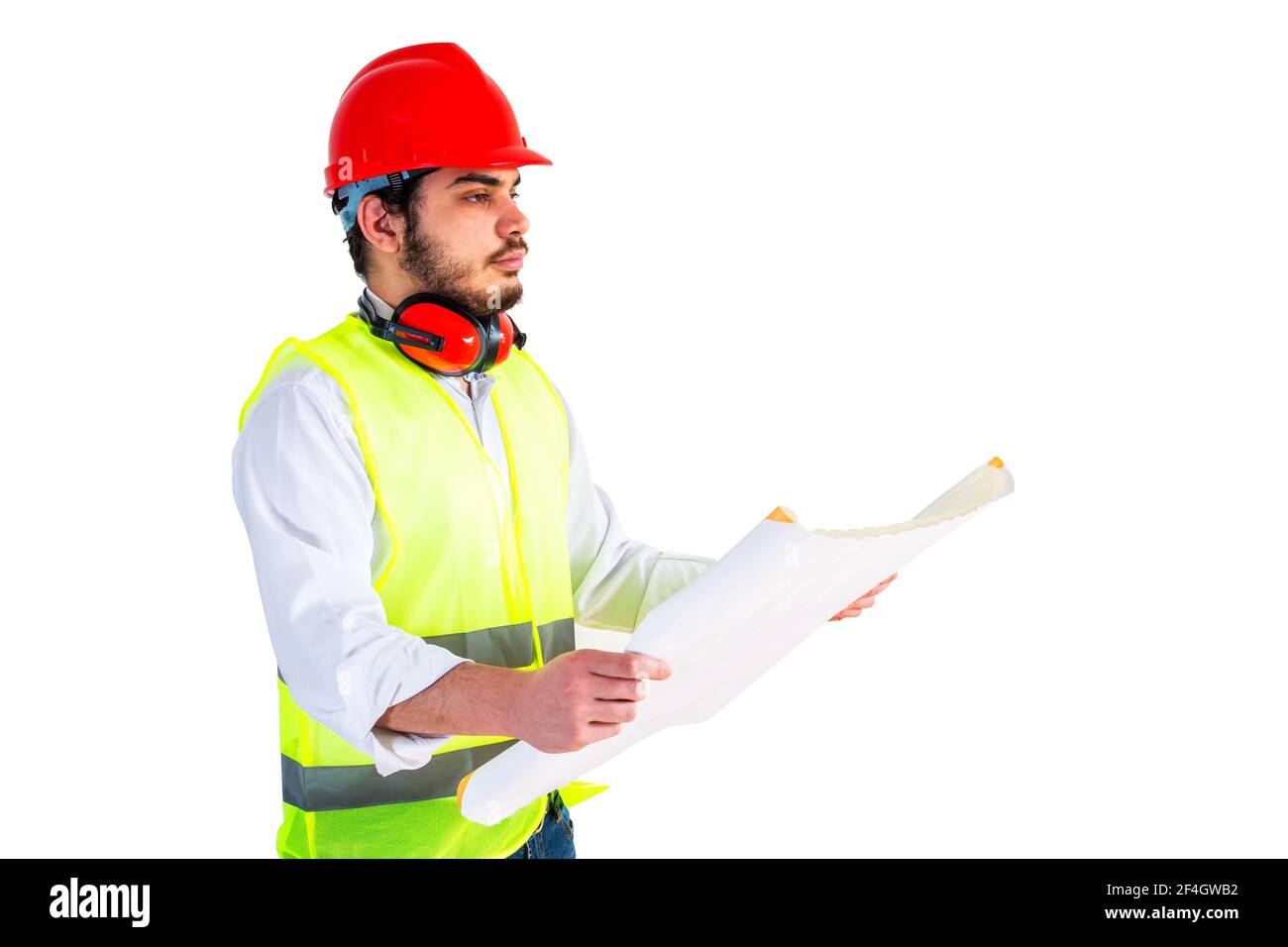 A Caucasian civil engineer in a hardhat holding a blueprint on a white ...