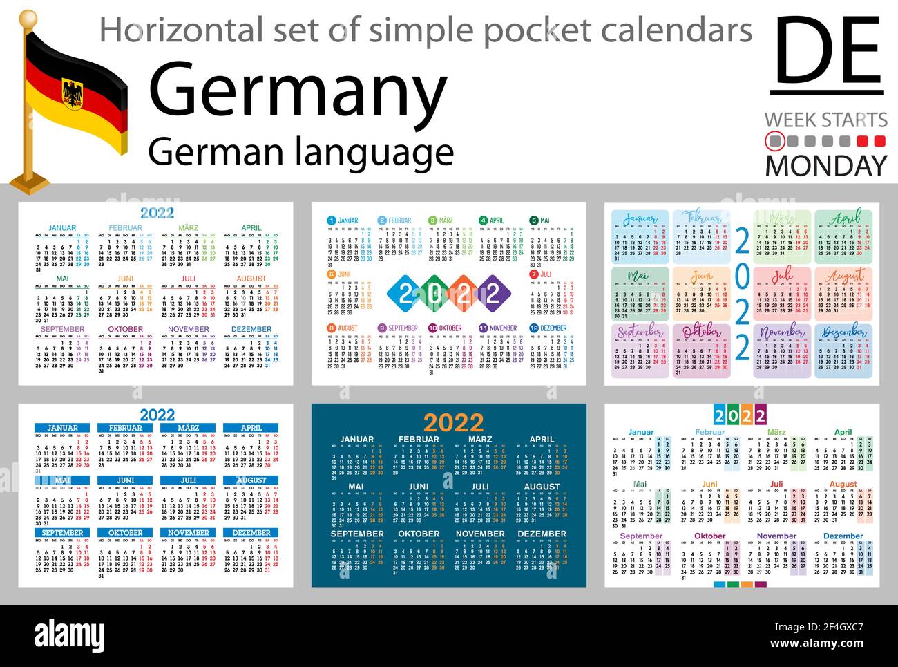 German horizontal set of pocket calendars for 2022 (two thousand twenty ...