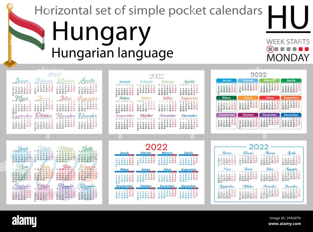 Hungarian horizontal set of pocket calendars for 2022 (two thousand ...