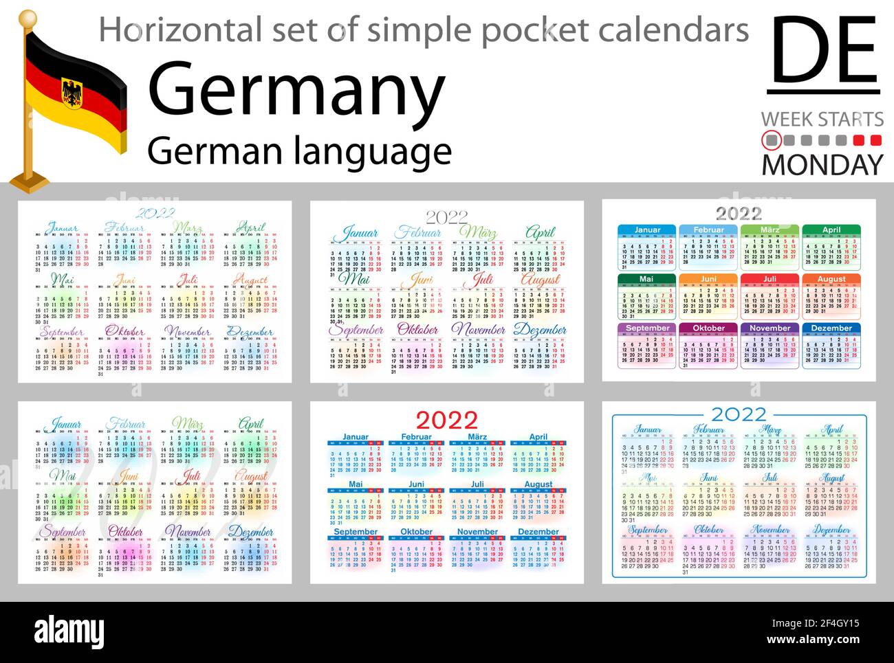 German horizontal set of pocket calendars for 2022 (two thousand twenty ...