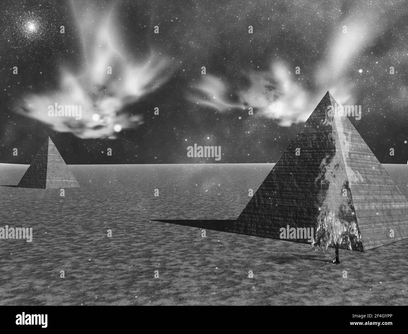 Egyptian pyramids and burning tree. black and white illustration ...