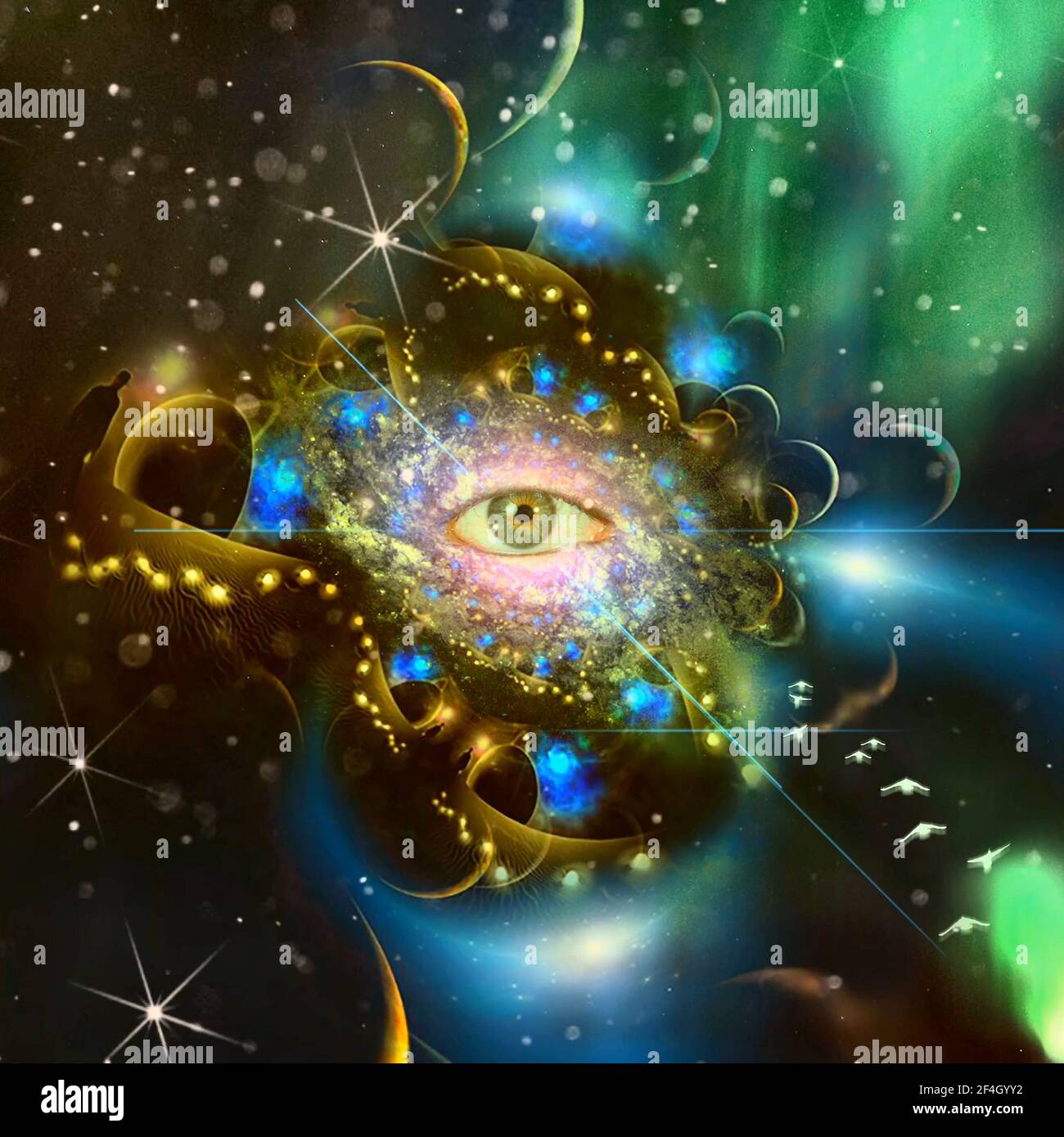 Eye in space, trail of light bulbs, figure of man and birds flying ...