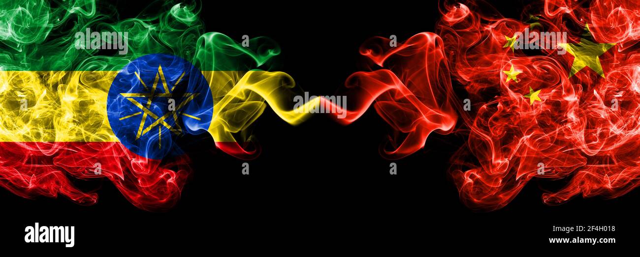 Ethiopia, Ethiopian vs China, Chinese smoky mystic flags placed side by ...