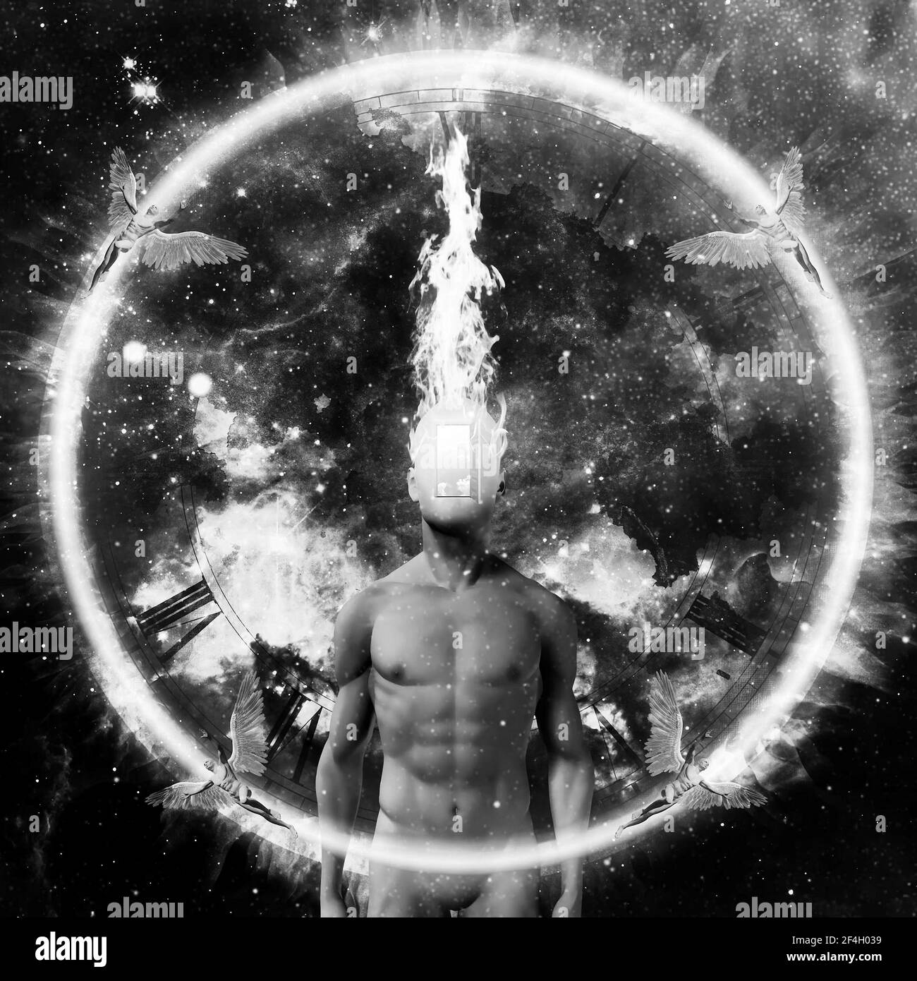 Burning mind. Man with open door instead of face on fire. Angels in ...