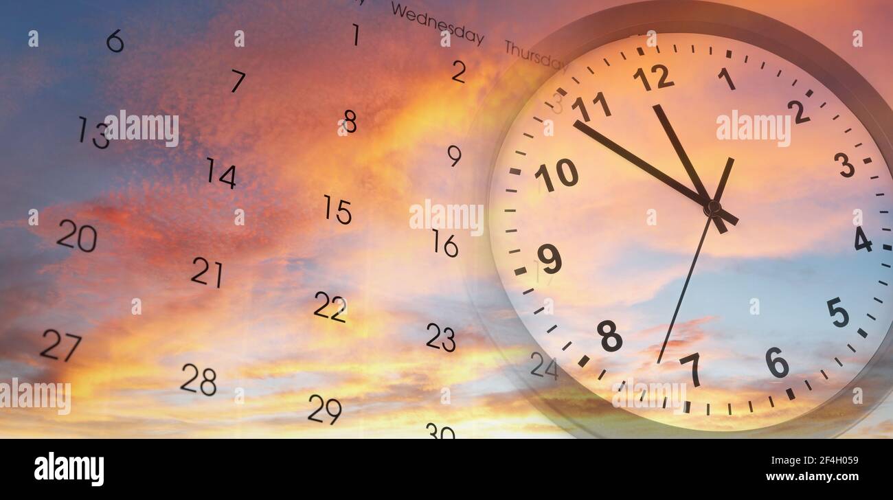 Clock and calendar in bright sky. Time passing Stock Photo - Alamy