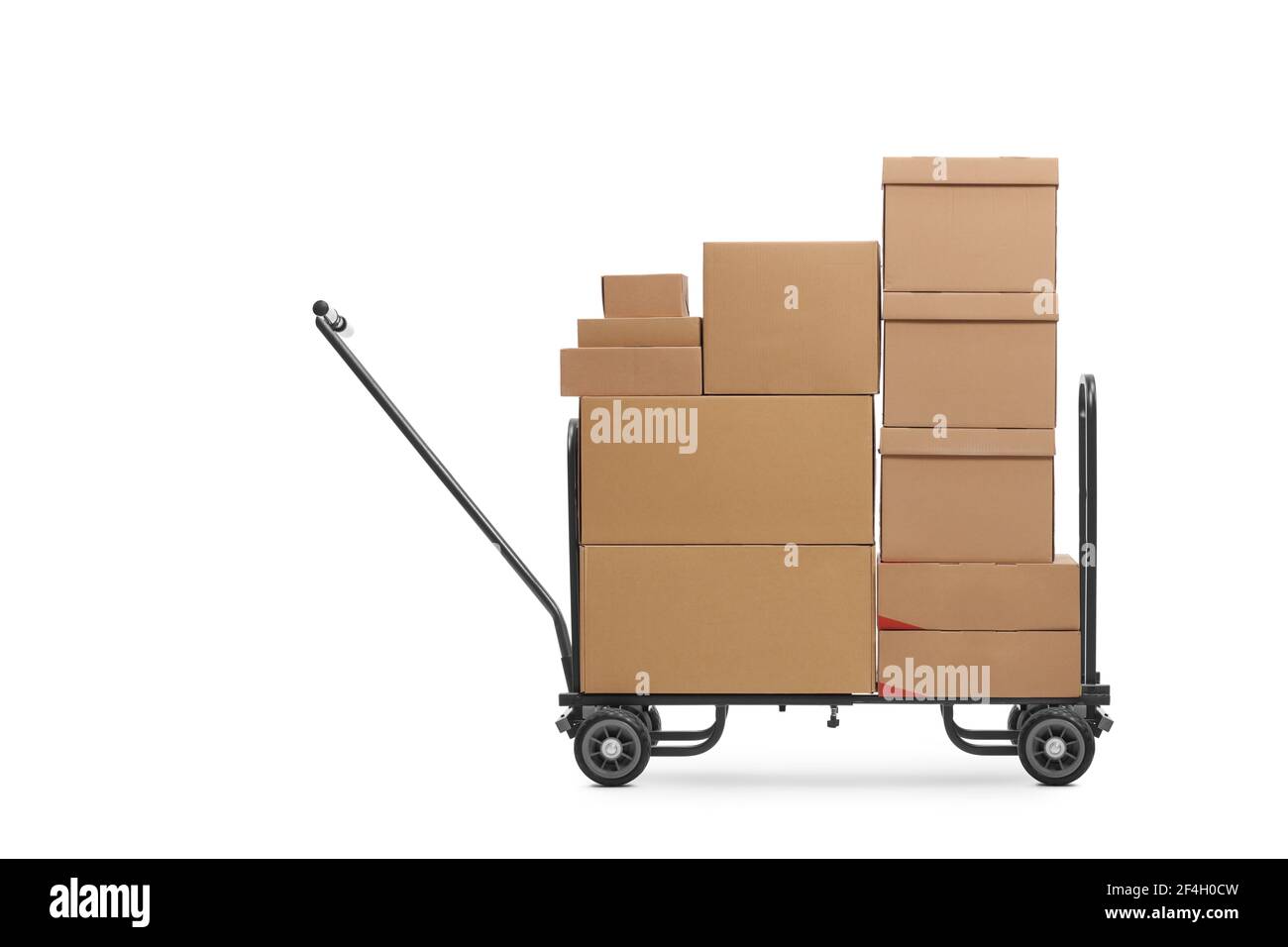 Studio shot of a hand truck loaded with cardboard boxes isolated on ...
