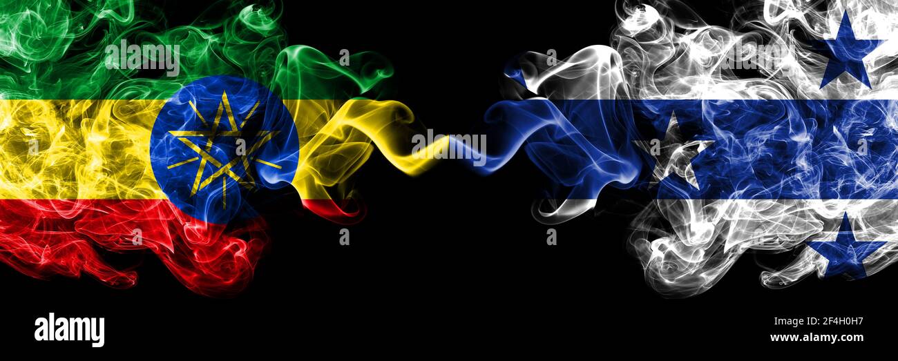 Ethiopia, Ethiopian vs Gambier Islands smoky mystic flags placed side ...