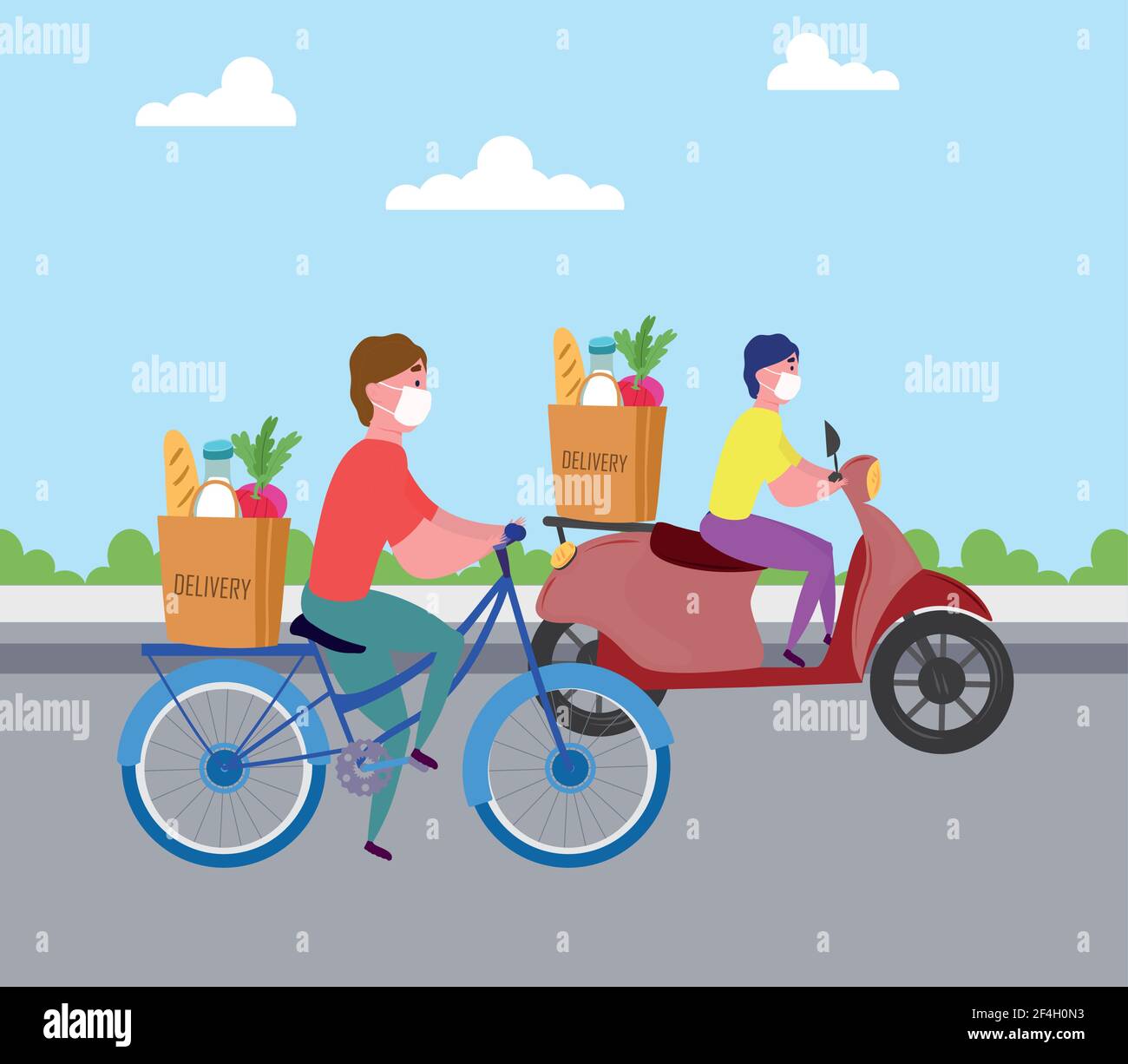 delivery workers riding bike motorbike Stock Vector Image & Art - Alamy