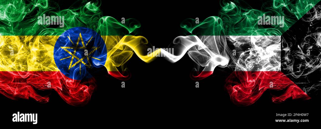 Ethiopia, Ethiopian vs Kuwait, Kuwaiti smoky mystic flags placed side ...