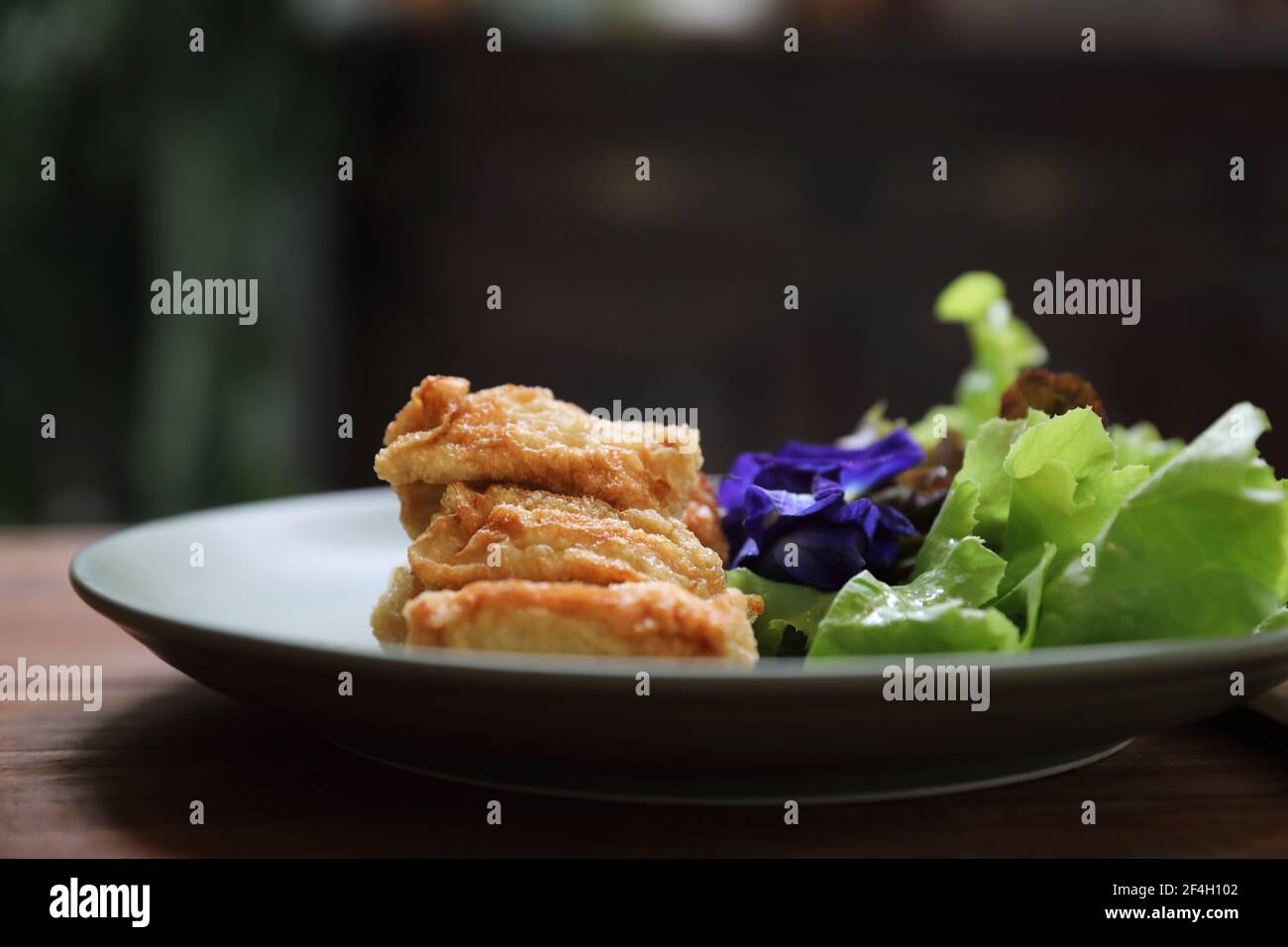 Vegan food appetizer japanese fried tofu on wood background vintage ...